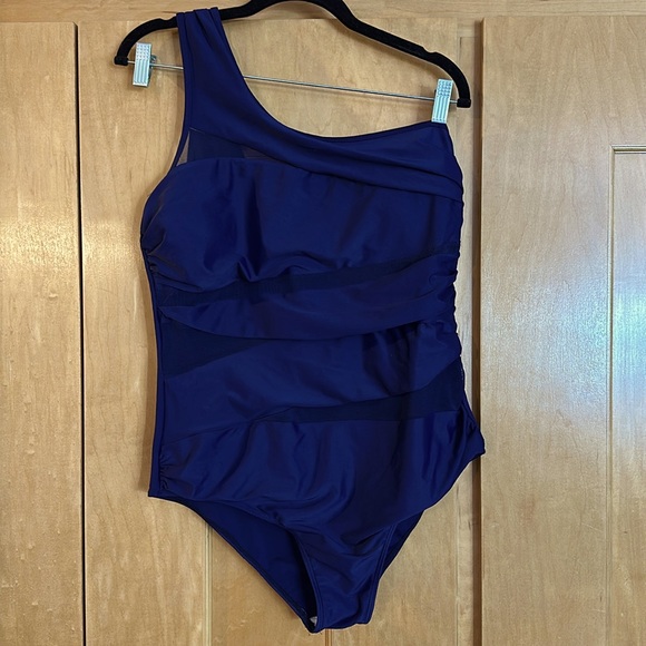 Swim | One Shoulder Navy Blue Tummy Control One Piece Mesh Bathing Suit ...